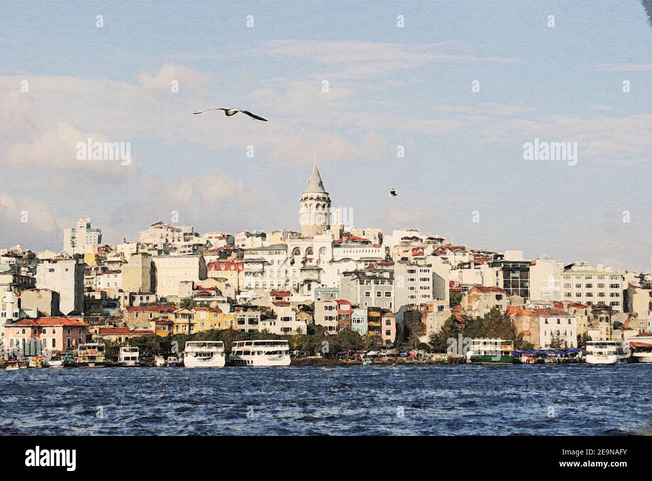 Galata district with the famous Galata Tower over the Golden Horn ...