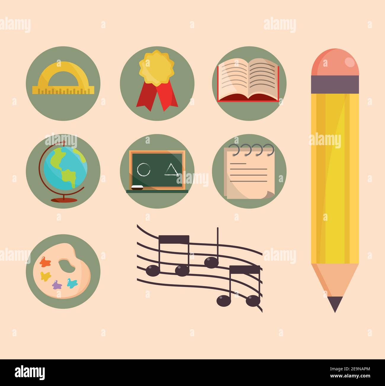 back to school education learn academic icons set pencil book paper map ...