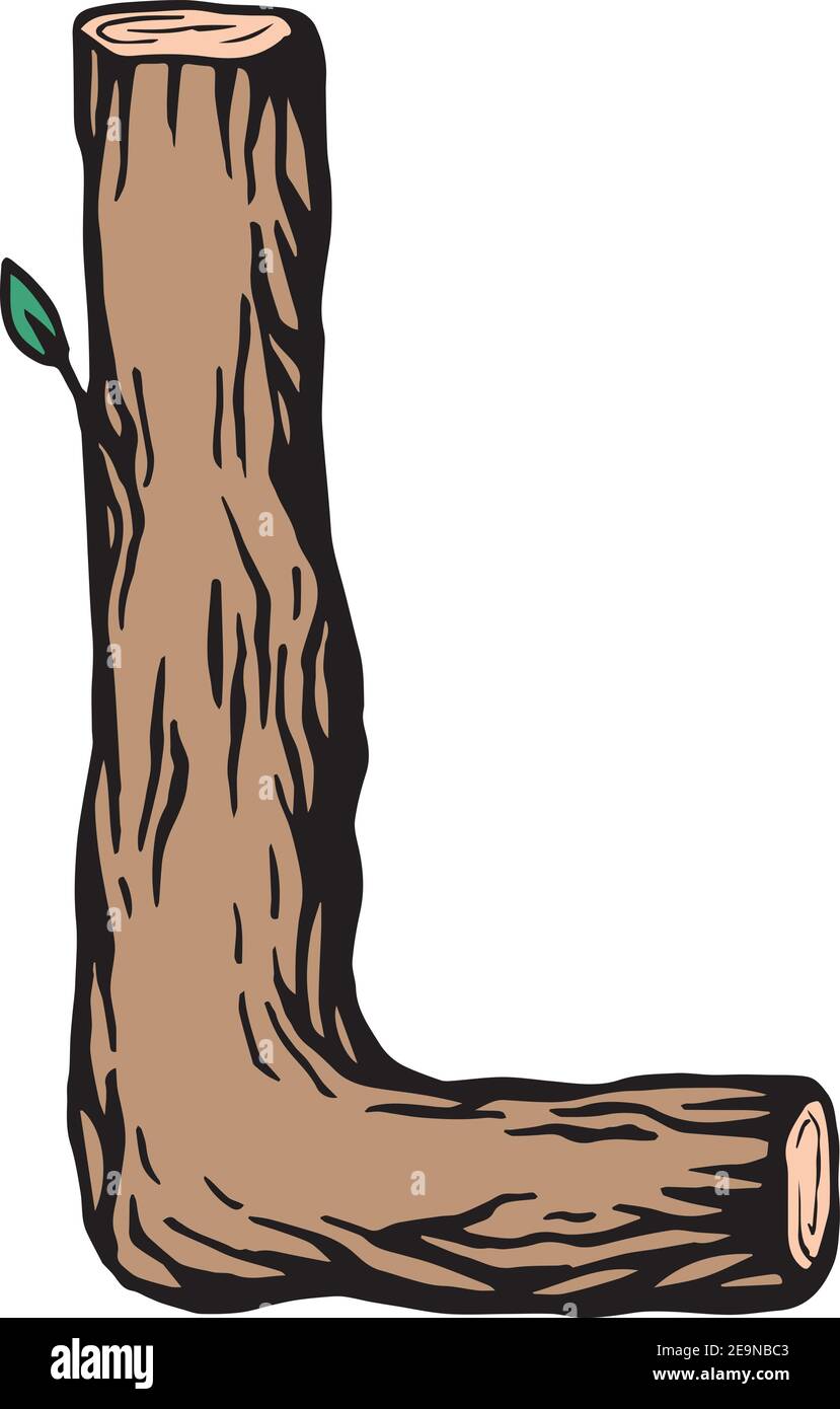 Colored engraving Letter L made of wood with leaves on the white ...