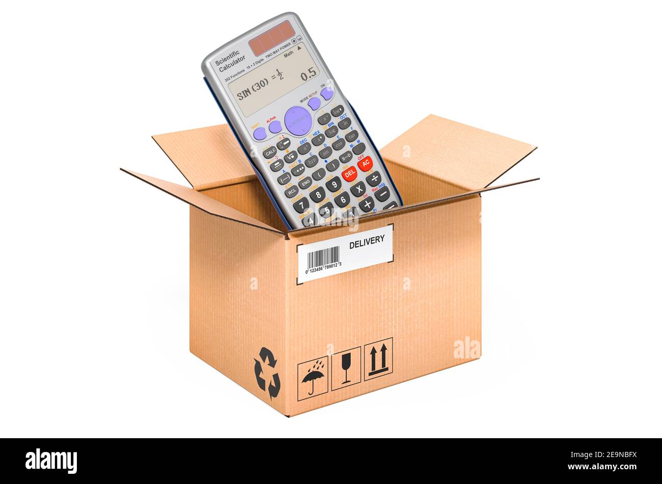 Scientific calculator inside cardboard box, delivery concept. 3D ...