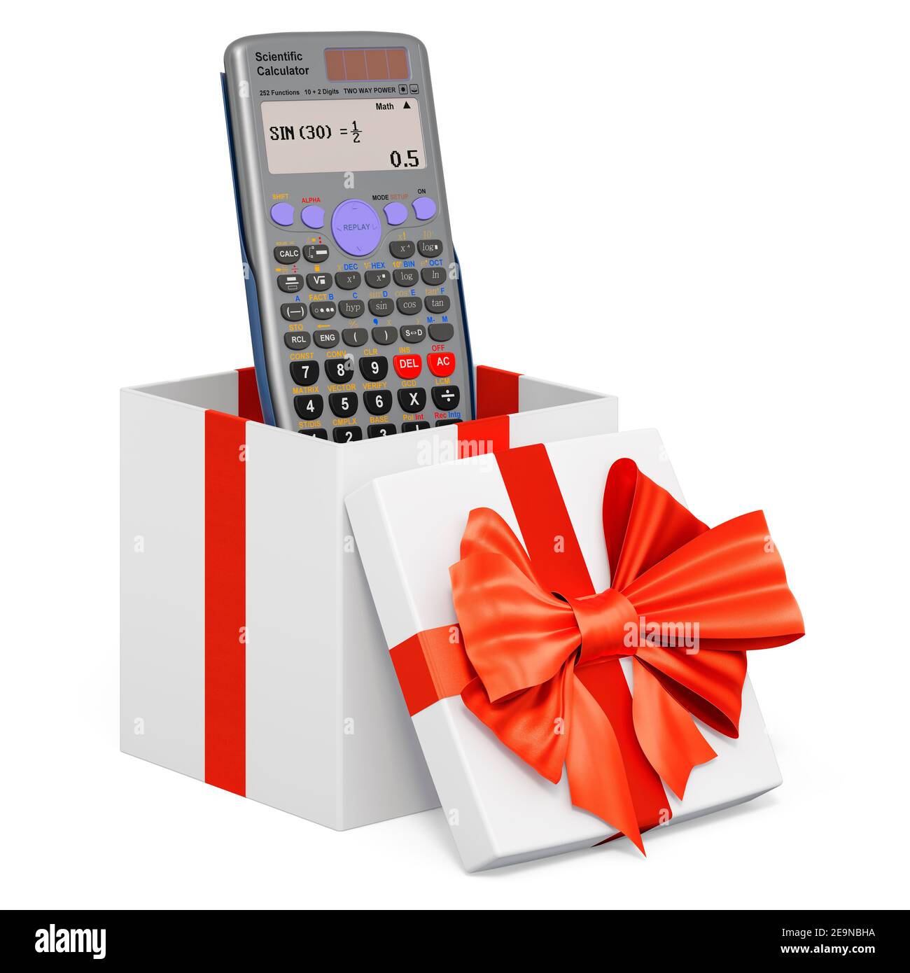 Scientific calculator inside gift box, present concept. 3D rendering ...