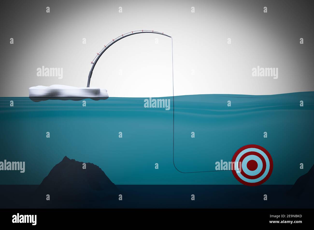 Fishing rod fishes a target in the depths of the sea demonstrating ...