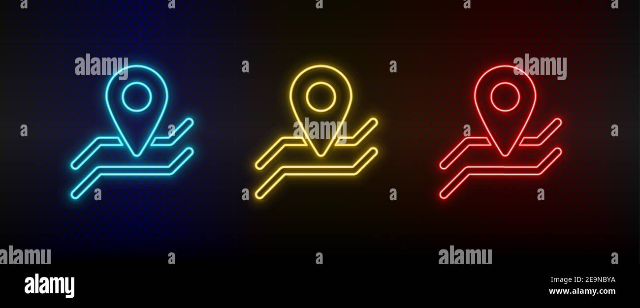 Neon icon set location, navigation. Set of red, blue, yellow neon ...
