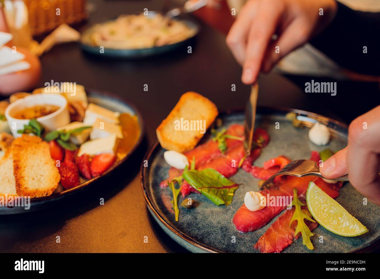 Breakfast plate with traditional spanish food, jamon, fried egg, potato ...