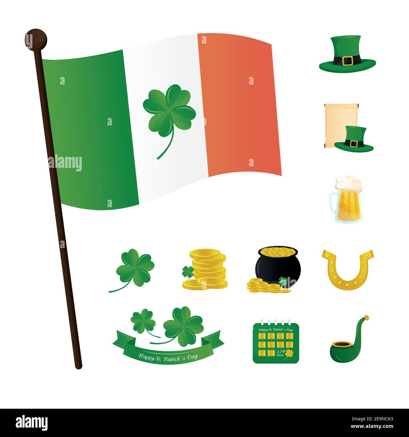 saint patricks day lettering in ribbon with ireland flag and set icons ...