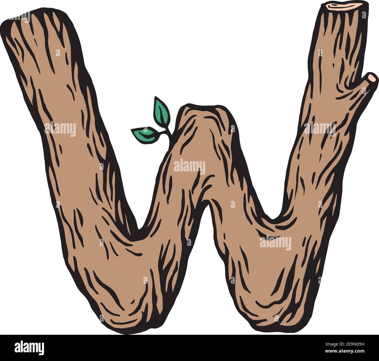 Colored engraving Letter W made of wood with leaves on the white ...