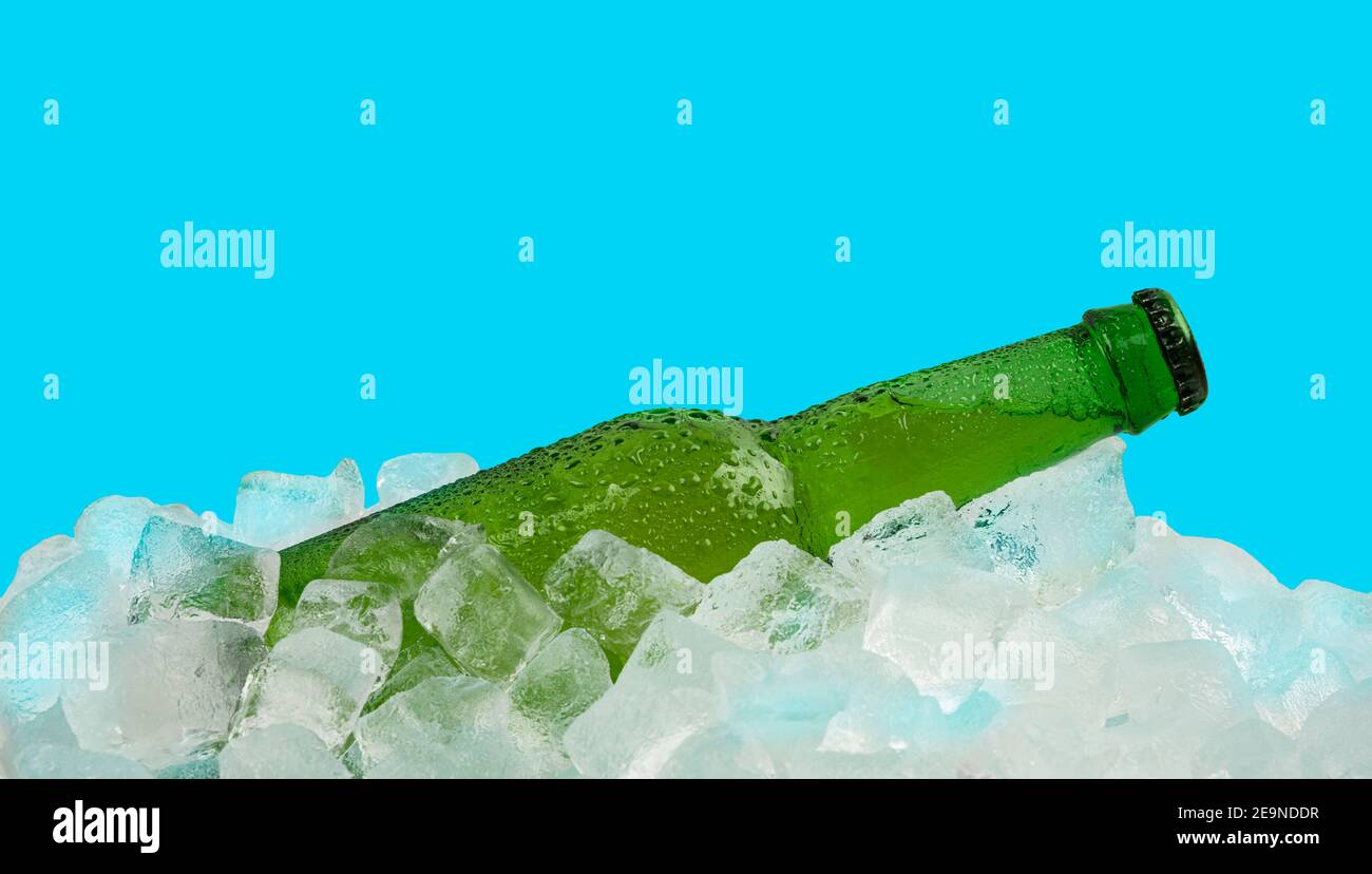 Close up one green glass bottle of cold lager beer on ice cubes at ...
