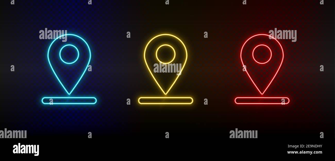 Neon icon set location, navigation. Set of red, blue, yellow neon ...