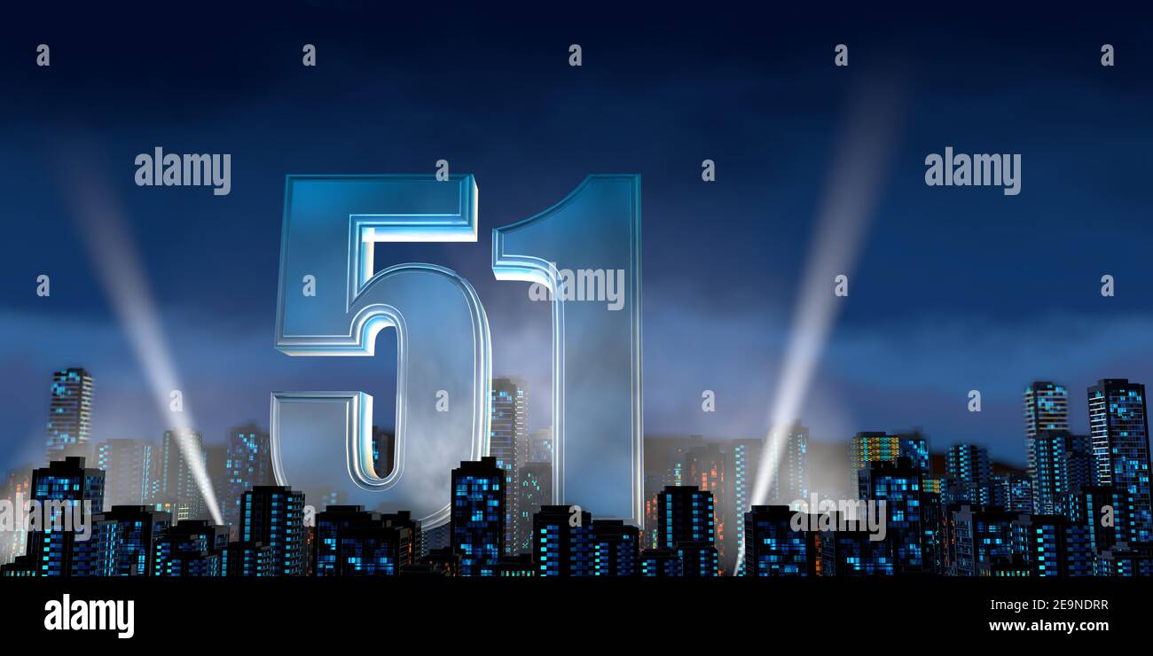 Number 51 in thick blue font lit from below with white light reflectors ...