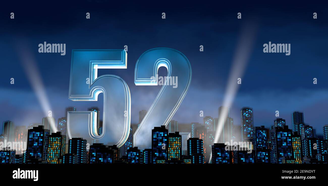 Number 52 in thick blue font lit from below with white light reflectors ...