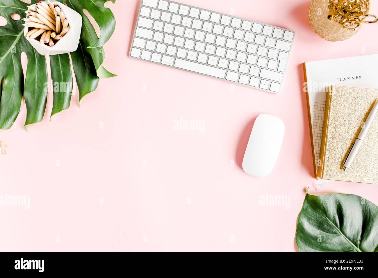 Flat lay home office desk. Female workspace with computer, tropical ...