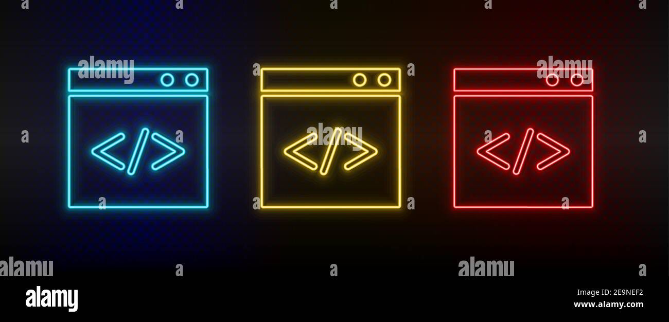 Neon icon set website, internet, browser, code. Set of red, blue ...