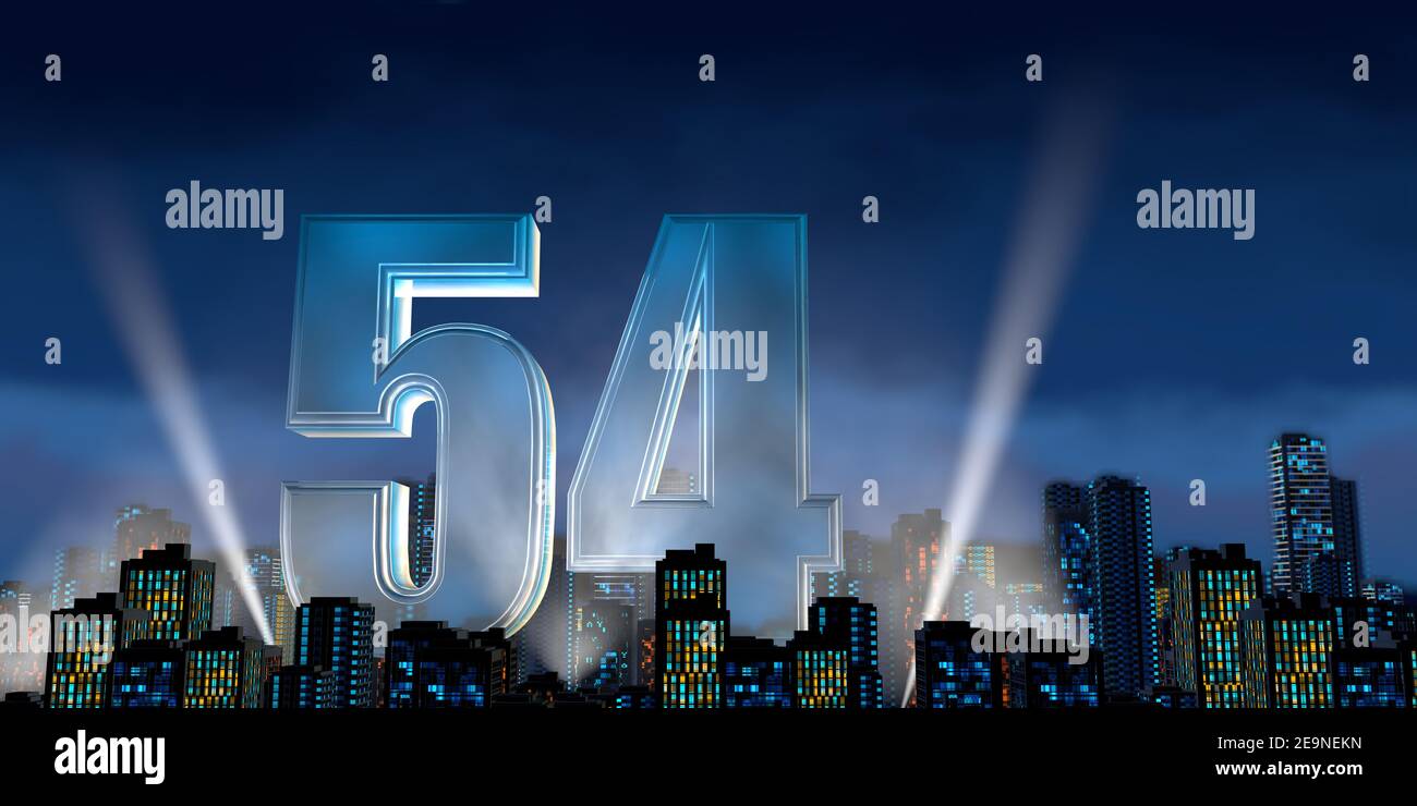 Number 54 in thick blue font lit from below with white light reflectors ...