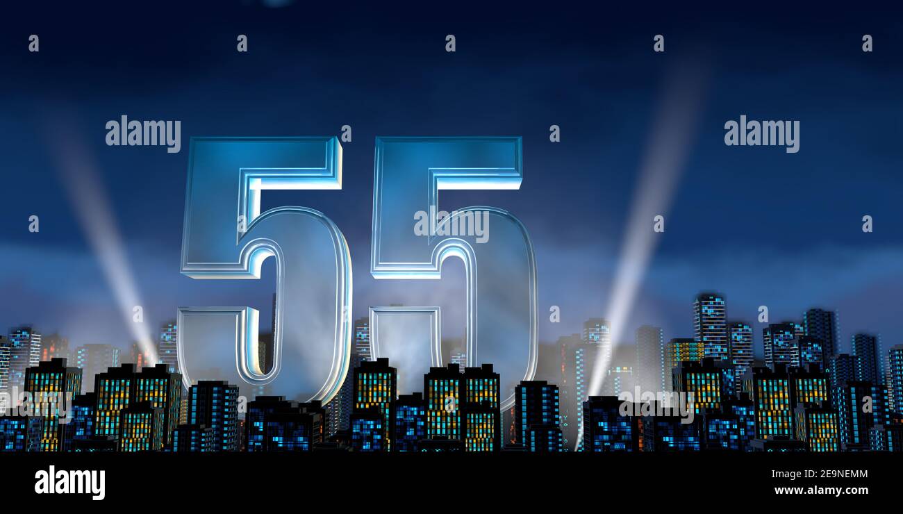 Number 55 in thick blue font lit from below with white light reflectors ...