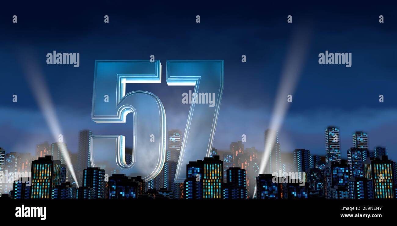 Number 57 in thick blue font lit from below with white light reflectors ...