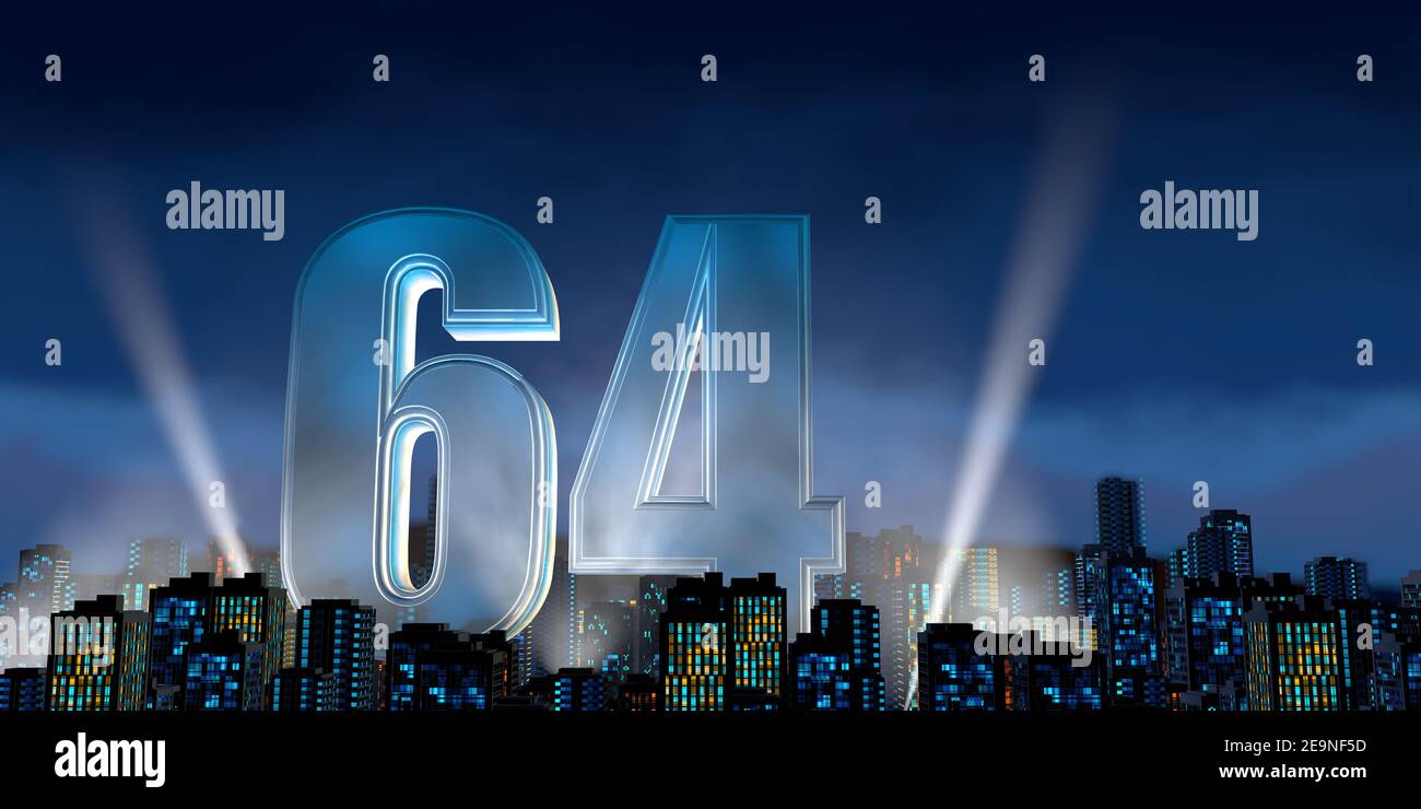 Number 64 in thick blue font lit from below with white light reflectors ...