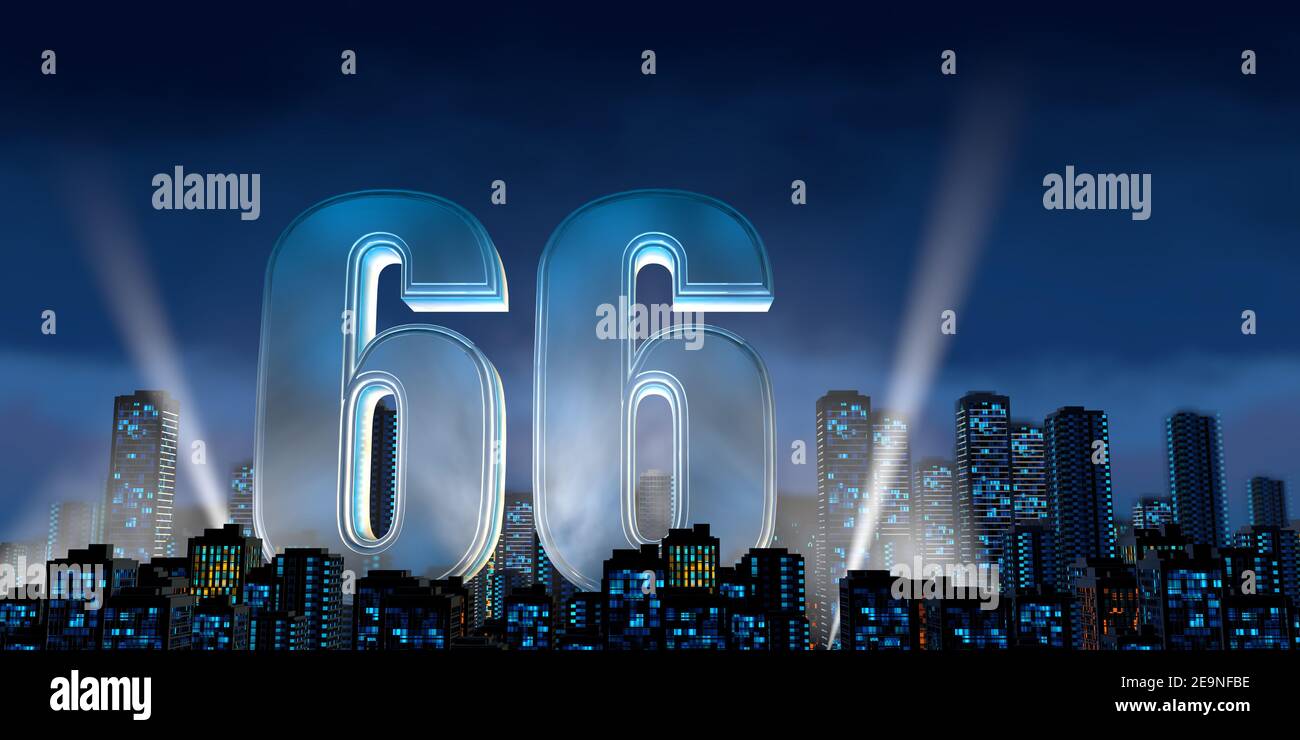 Number 66 in thick blue font lit from below with white light reflectors ...