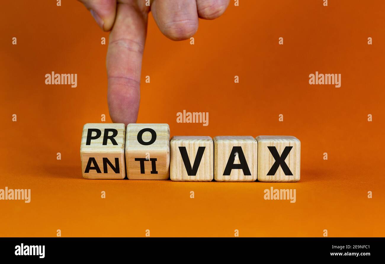 Pro-vax or anti-vax symbol. Doctor turns a cube, changes words 'anti ...