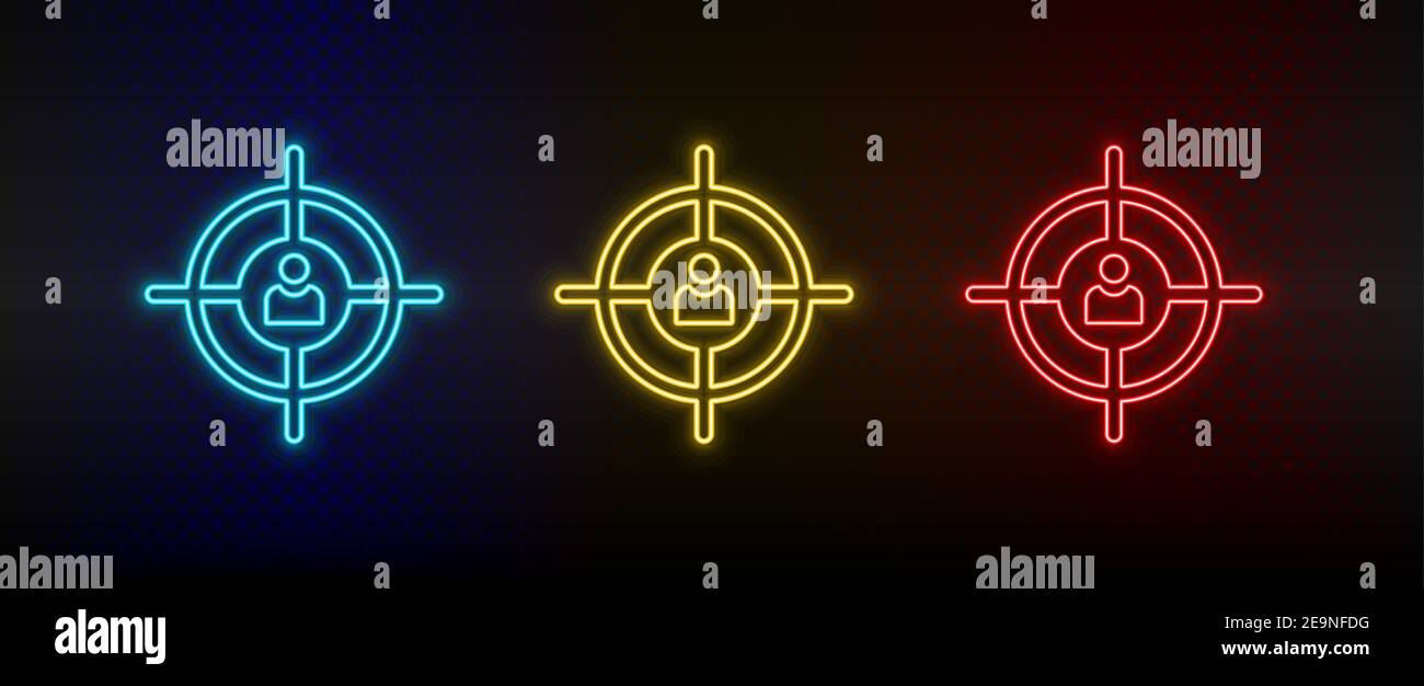 Neon icon set aiming, customer target. Set of red, blue, yellow neon ...