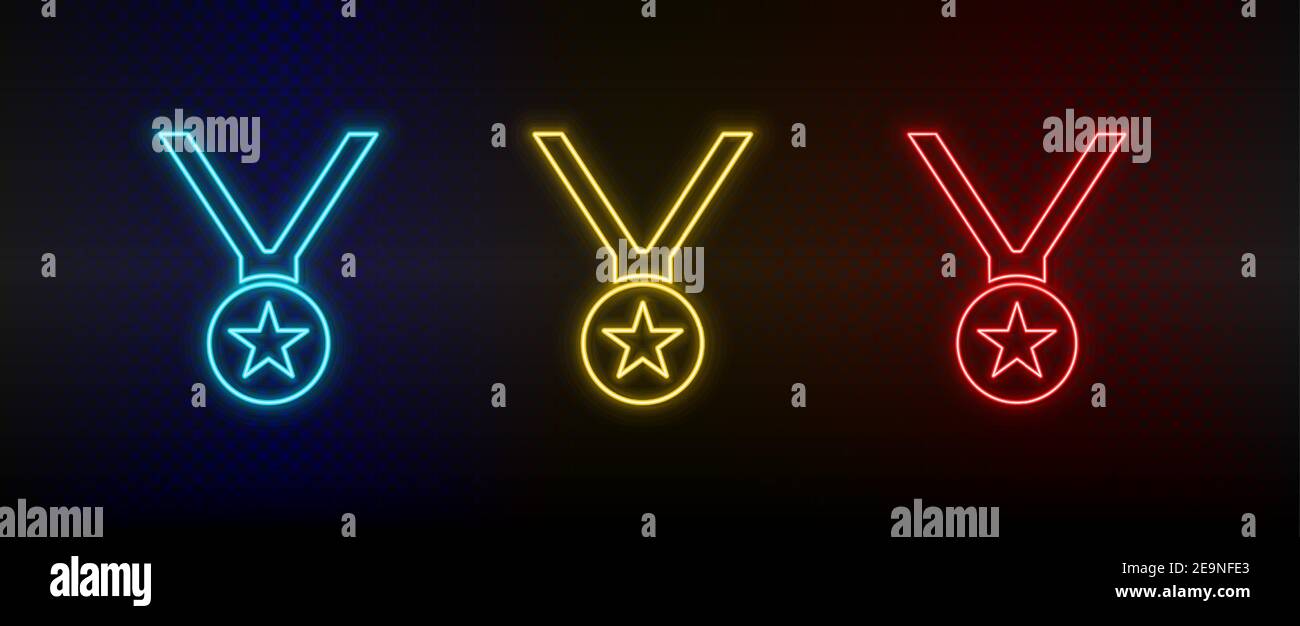 Neon icon set reward, medal, award. Set of red, blue, yellow neon ...