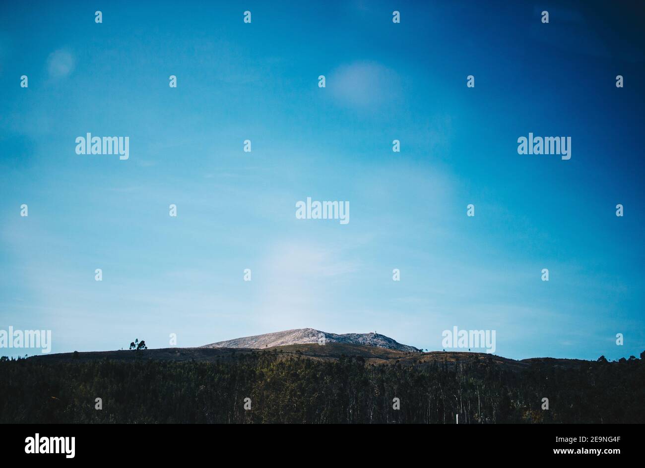 Blue almost clear sky over a forested dense landscape in the ...
