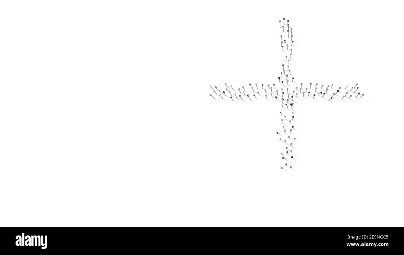 3d rendering of nails in shape of thin plus symbol with shadows ...