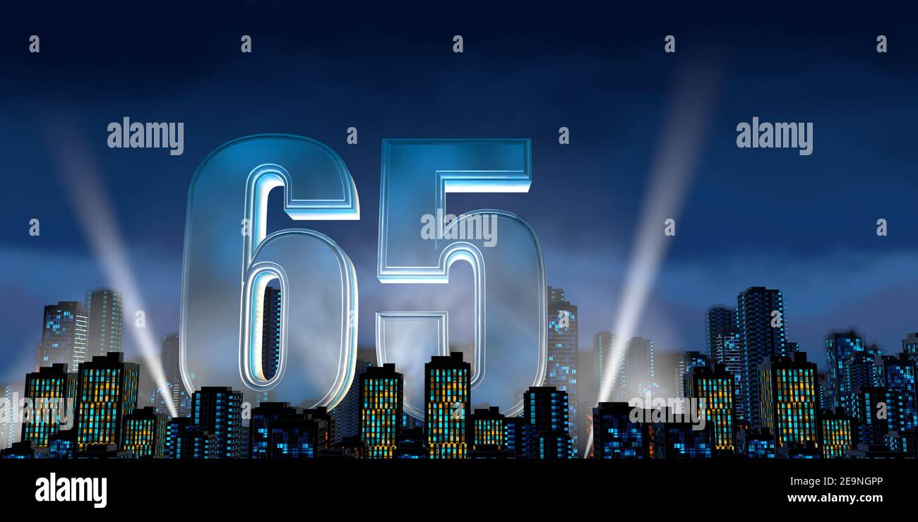 Number 65 in thick blue font lit from below with white light reflectors ...