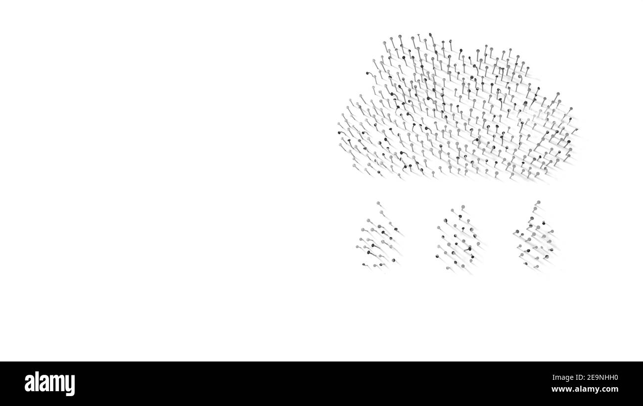 3d Rendering Of Nails In Shape Of Symbol Of Rain Cloud With Three Drops With Shadows Isolated On
