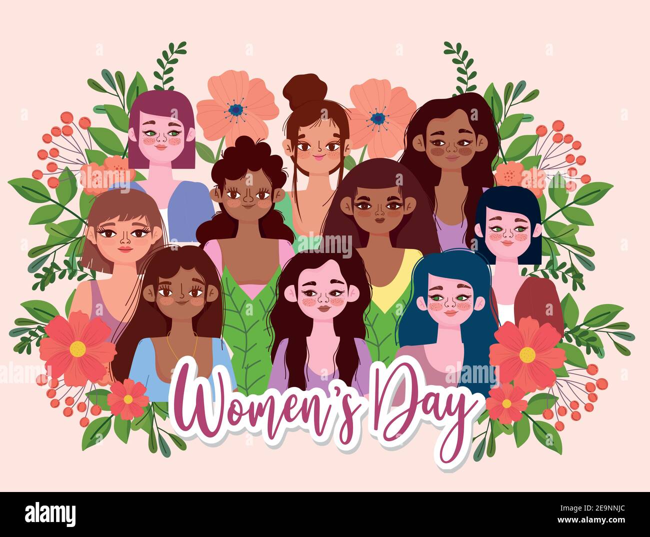 Womens Day group beauty female portrait flowers floral decoration card ...