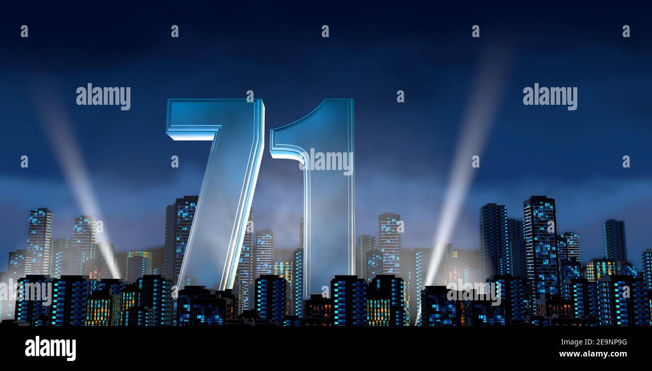 Number 71 in thick blue font lit from below with white light reflectors ...