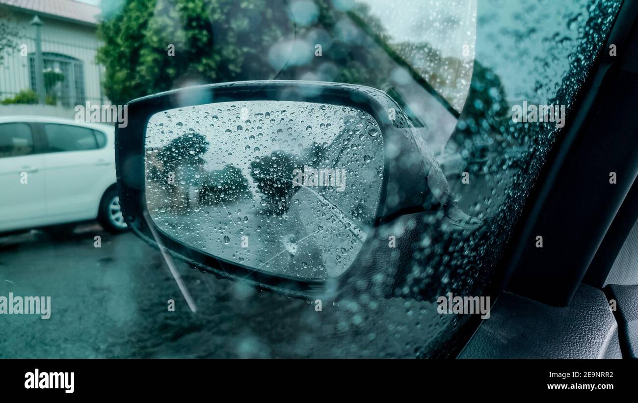 Drops of water on the car window with a view to the rear window Stock ...
