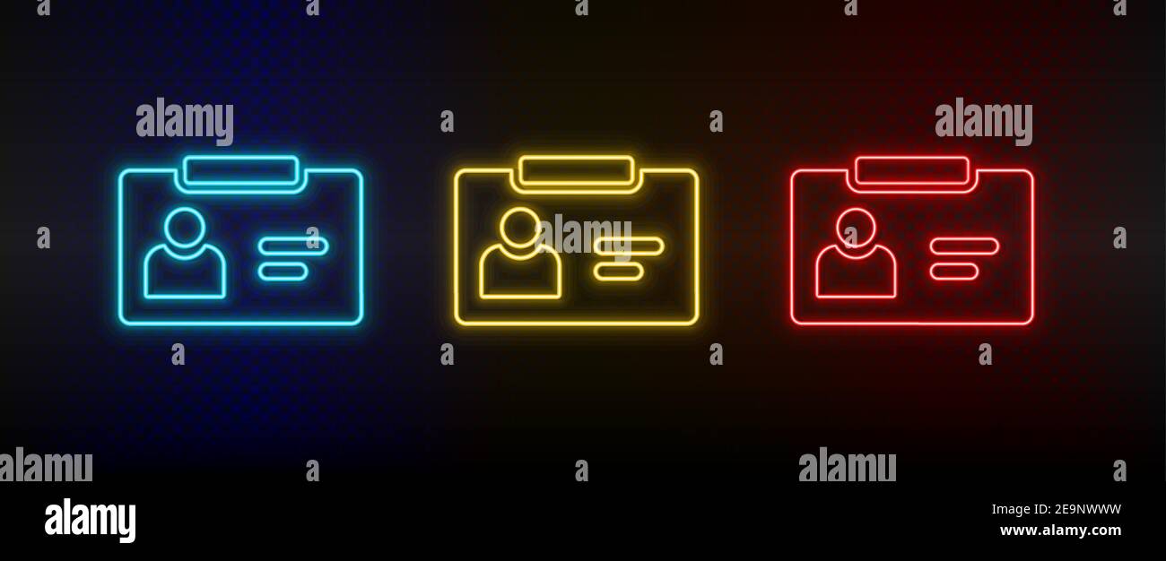Neon icon set id card. Set of red, blue, yellow neon vector icon Stock ...