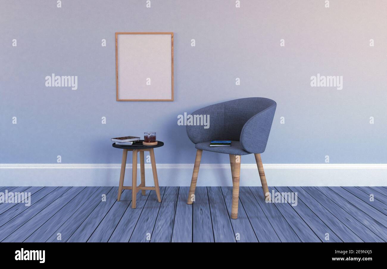 3D rendering of a small comfortable chair with a table in a room with ...
