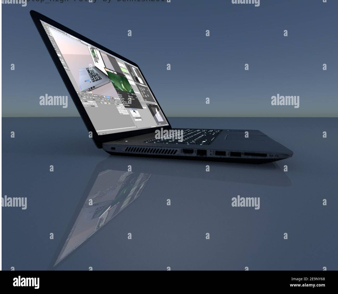 3D render of a modern laptop reflecting on the glass surface Stock ...