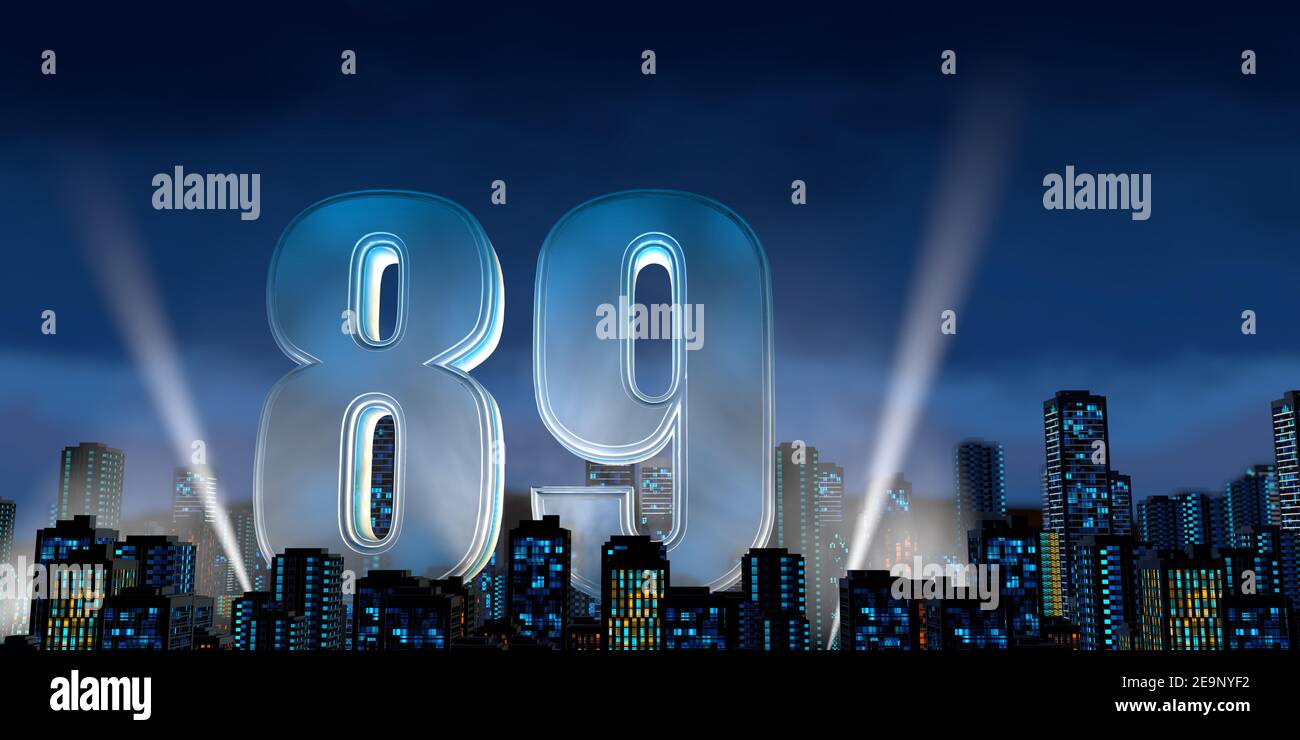 Number 89 in thick blue font lit from below with white light reflectors ...