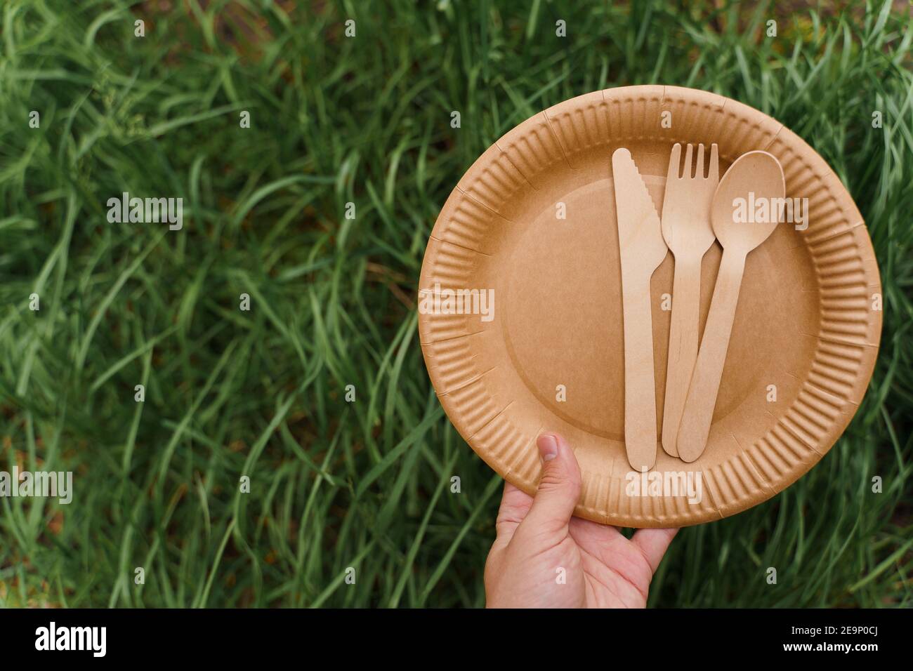 Eco-friendly natural plate with spoon, fork, knife. Set of disposable ...