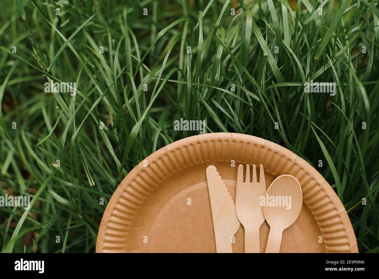 Closeup eco natural plate with spoon, fork, knife. Set of disposable ...