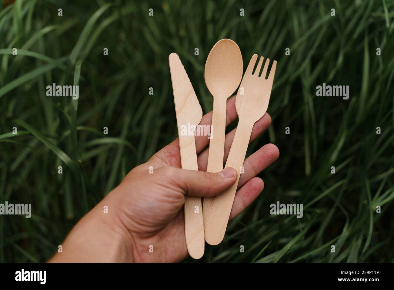 Eco-friendly natural spoon, fork, knife. Set of disposable ecological ...