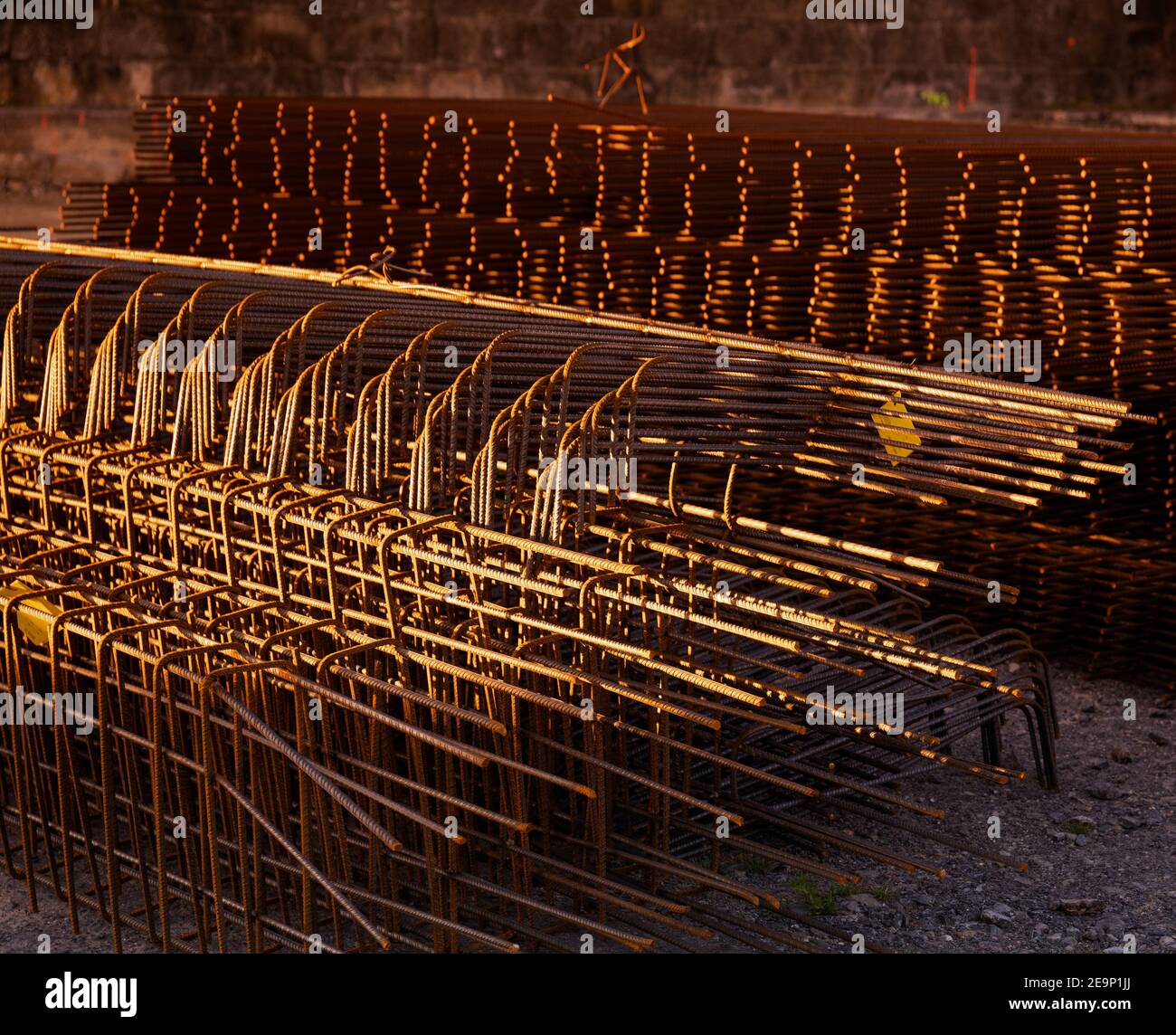 Stored steel reinforcement bars (rebar) at construction site in Porto ...