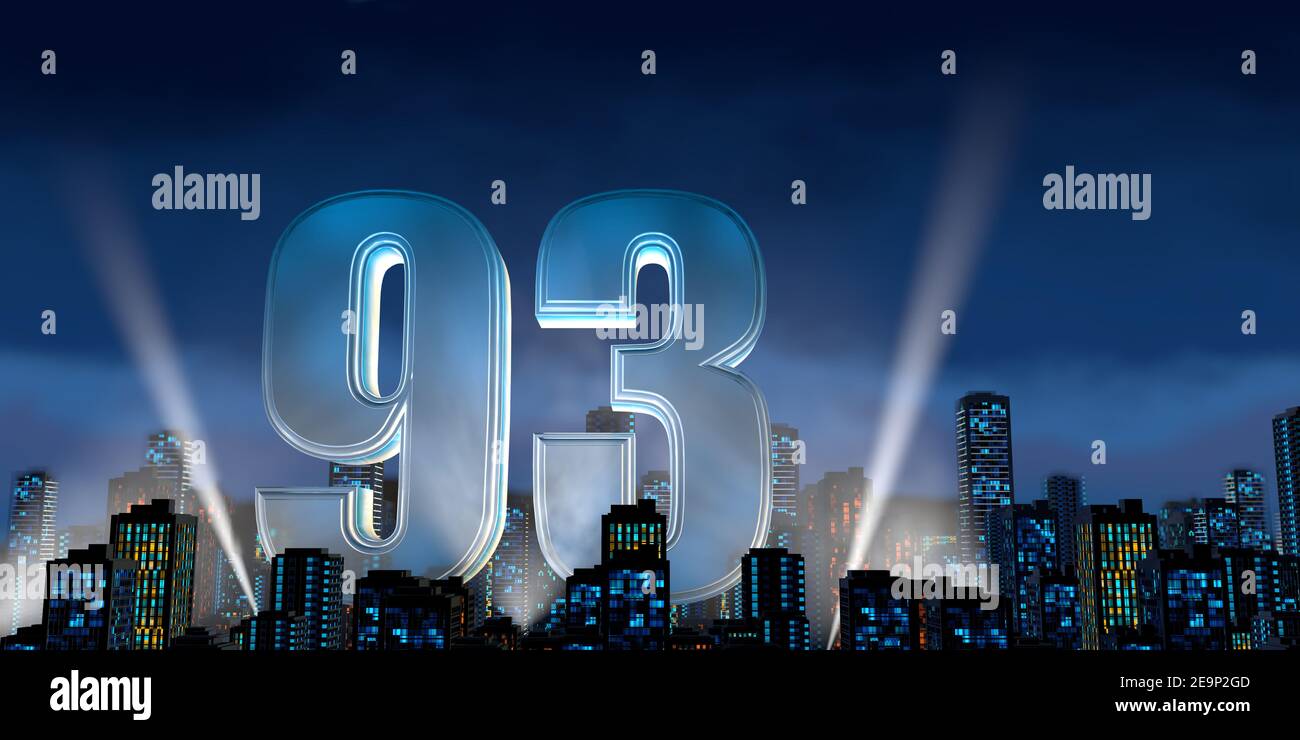 Number 93 in thick blue font lit from below with white light reflectors ...