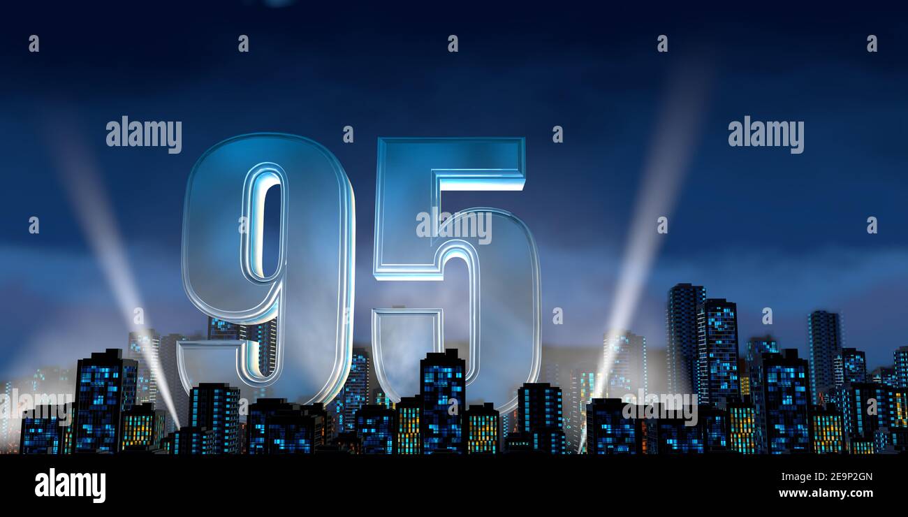 Number 95 in thick blue font lit from below with white light reflectors ...