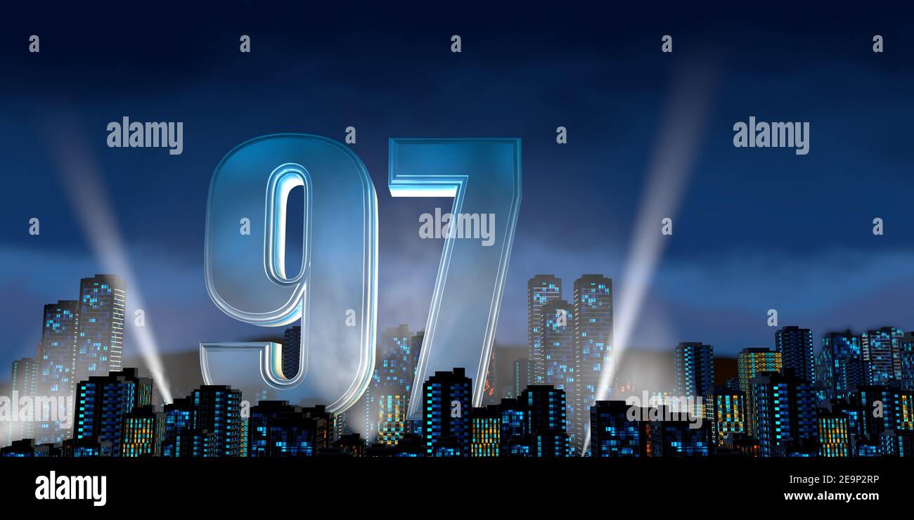 Number 97 in thick blue font lit from below with white light reflectors ...