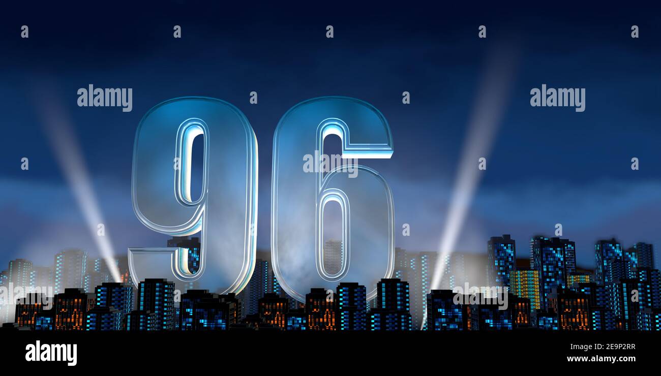 Number 96 in thick blue font lit from below with white light reflectors ...