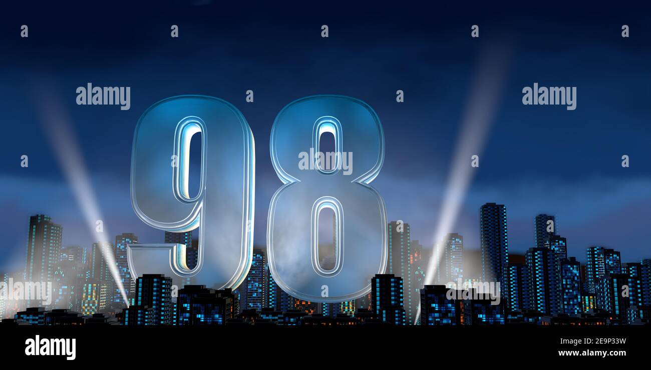 Number 98 in thick blue font lit from below with white light reflectors ...