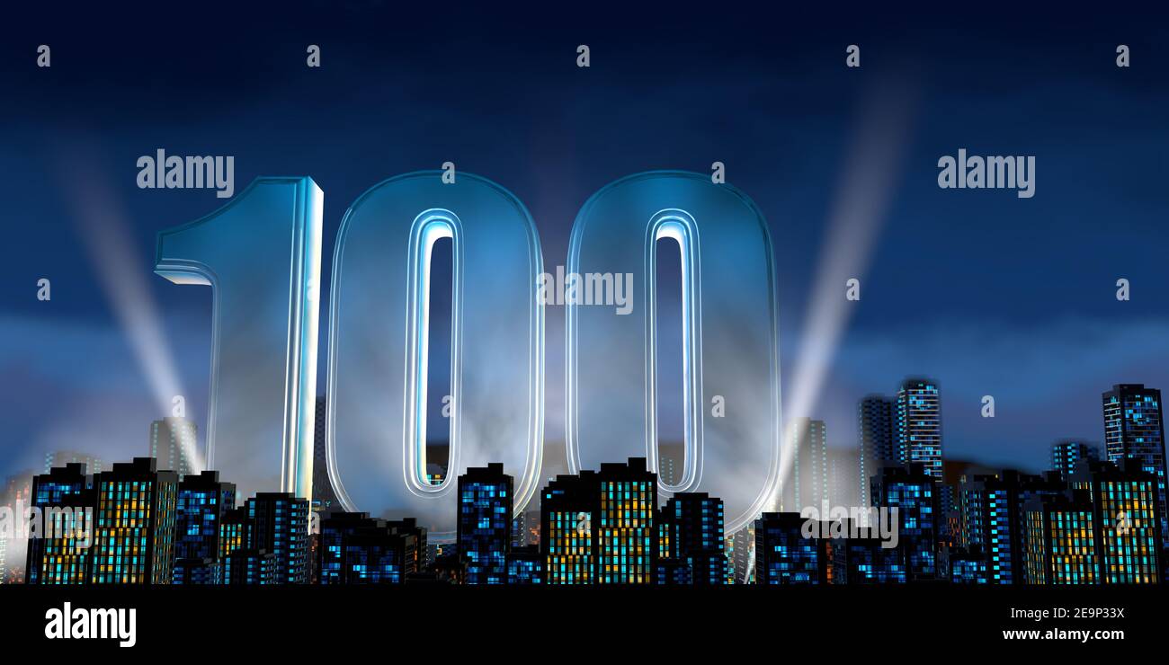 Number 100 in thick blue font lit from below with white light ...