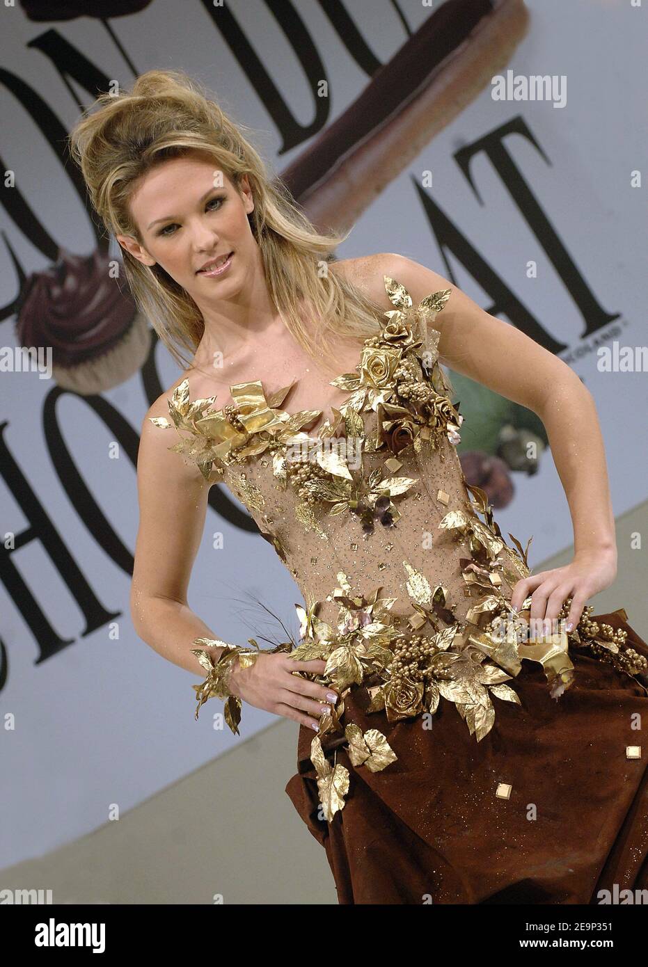 French singer Lorie displays a chocolate creation at the opening show ...