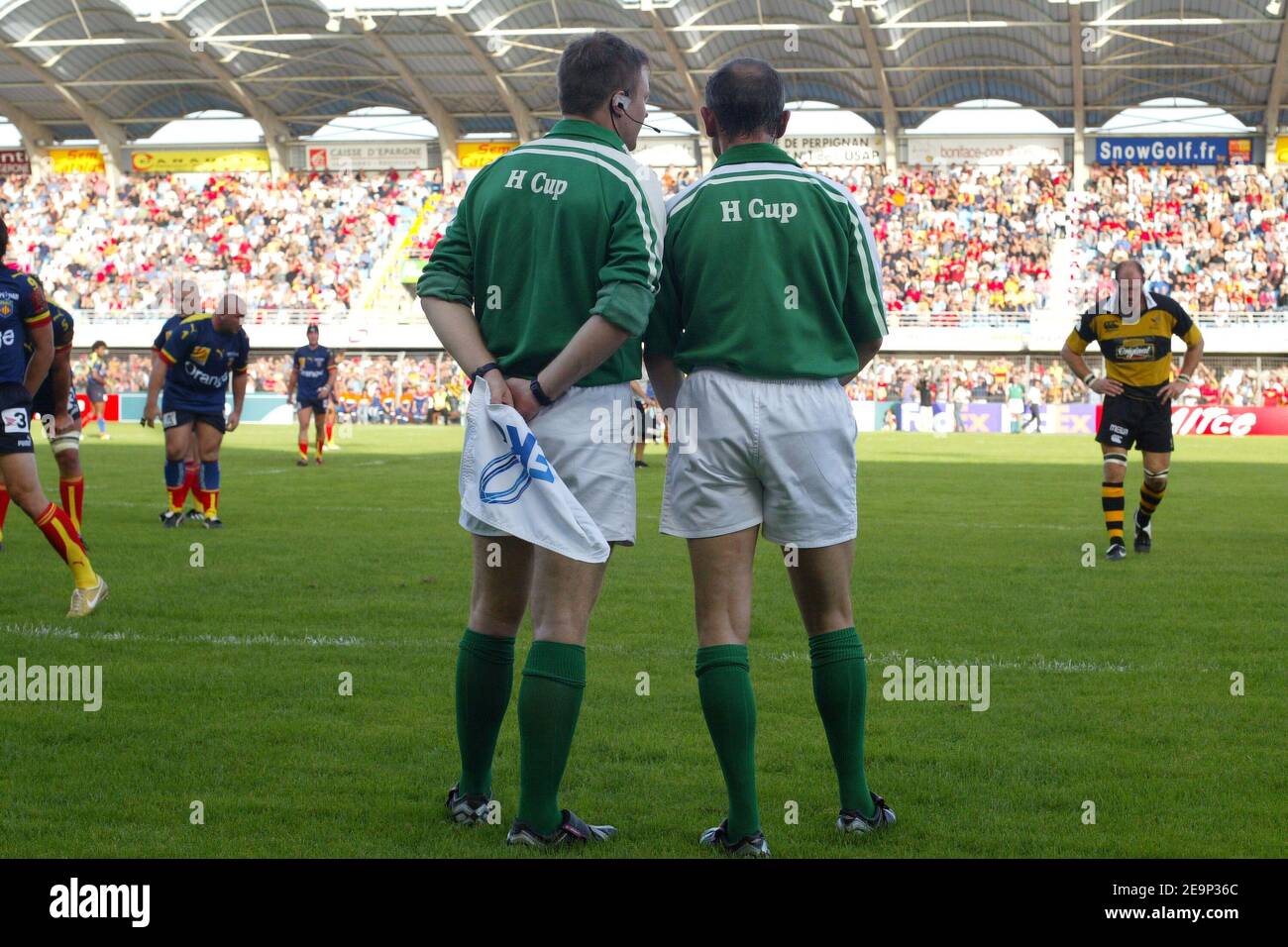 Referees with Hcup logo during the Heineken Cup match, Perpignan vs ...