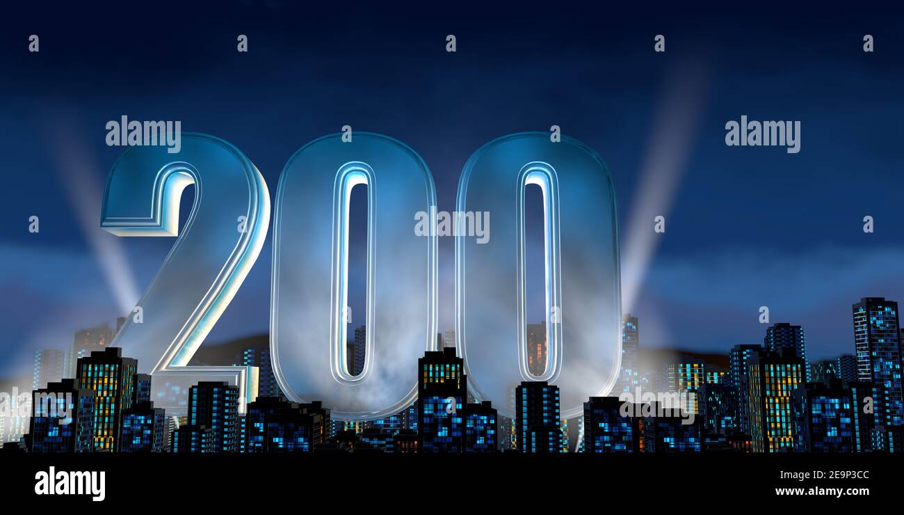 Number 200 in thick blue font lit from below with white light ...