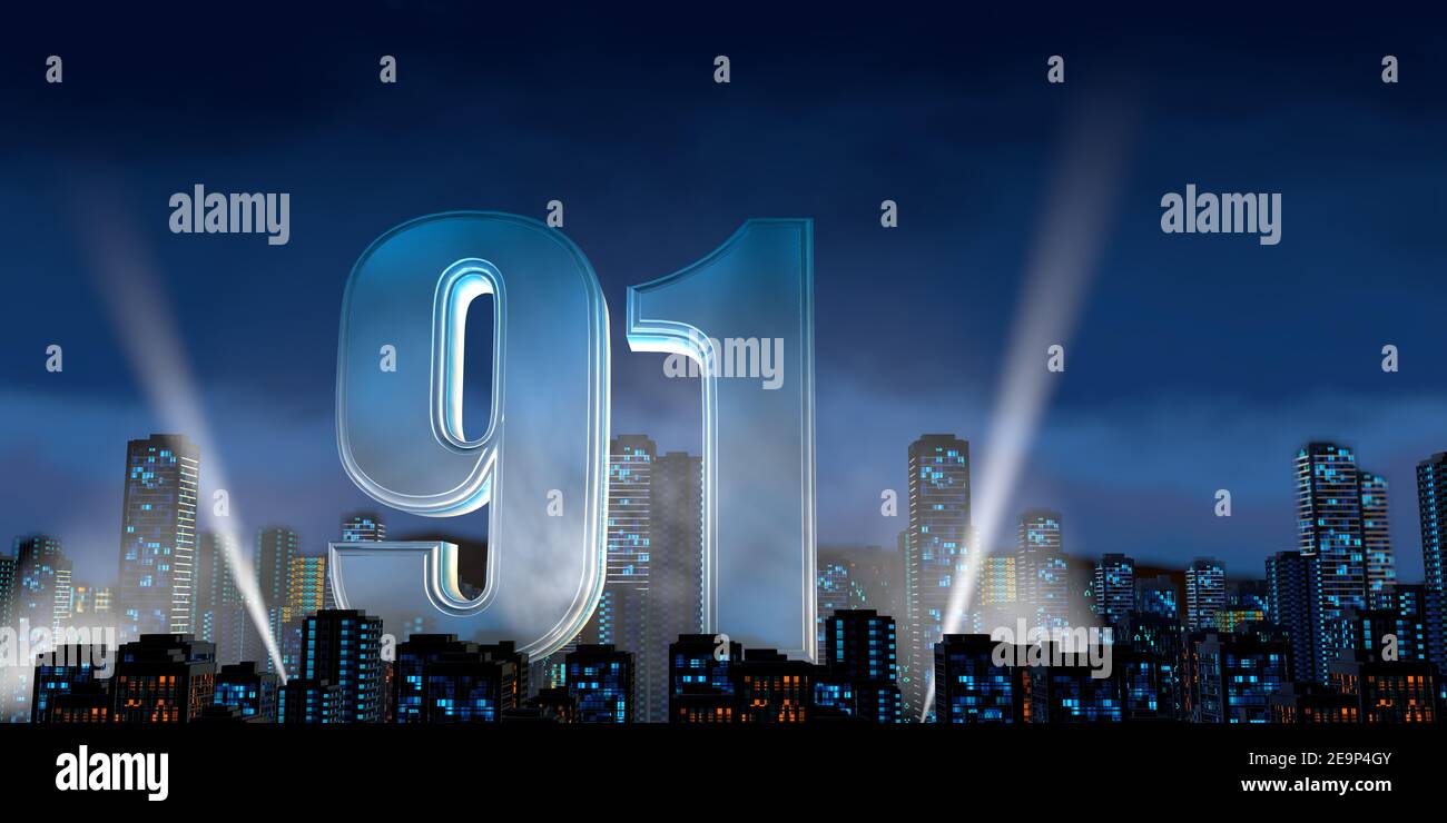 Number 91 in thick blue font lit from below with white light reflectors ...