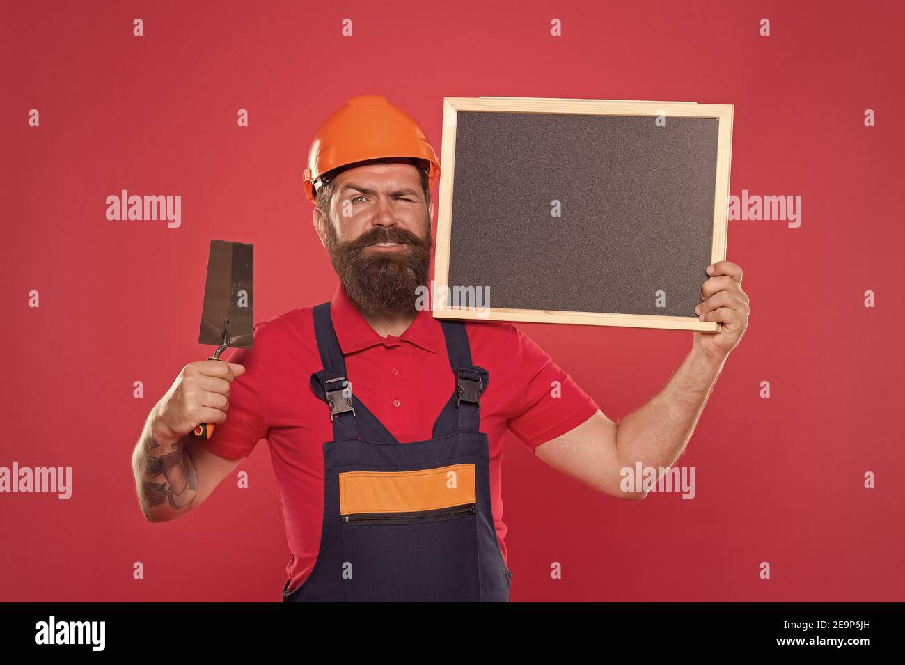 Dreams come true. Skillful plasterer. Successful renovation. Bearded ...